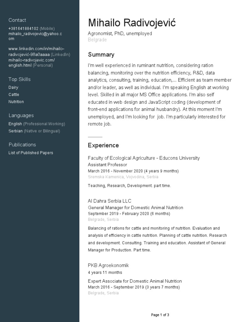 Agronomist Résumé Contact Details Nutrition Experience | PDF | Cattle ...