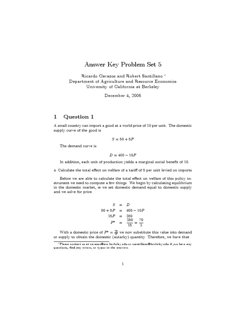 Answer Key Problem Set 5 | PDF | Demand | Economic Surplus