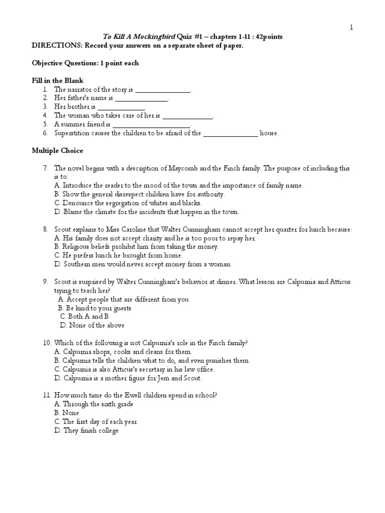 To Kill A Mockingbird Quiz: Chapters 1-11 | PDF | To Kill A Mockingbird