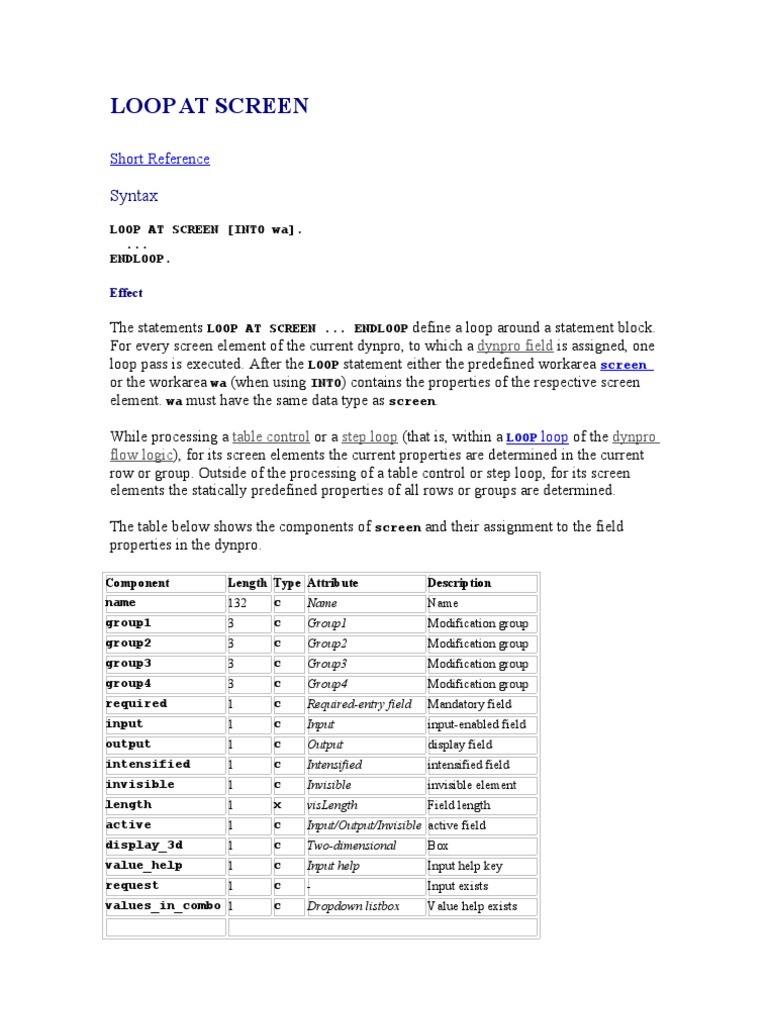 Loop at Screen (Help Sap) | PDF | Control Flow | Data Type