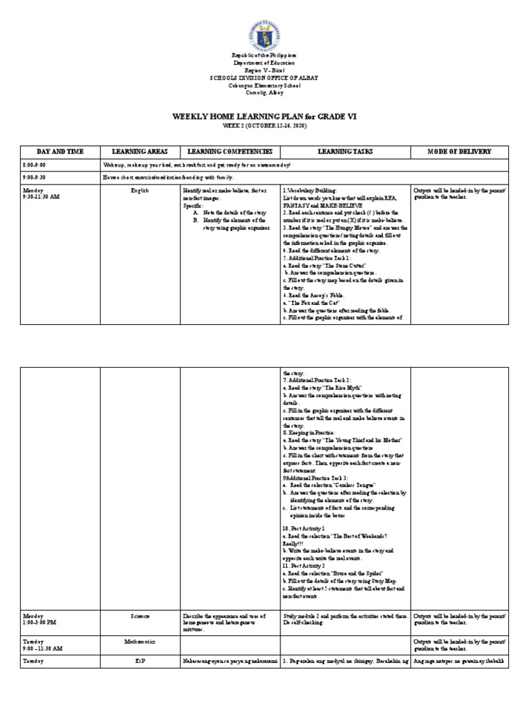 Weekly Home Learning Plan Week 2 Grade 6 | Download Free PDF | Reading ...