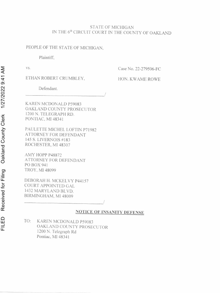 Notice Filed Insanity Defense 103106705 | PDF
