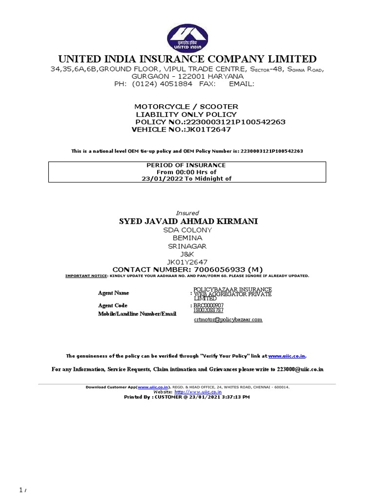 United India Insurance Company Limited: Syed Javaid Ahmad Kirmani | PDF ...