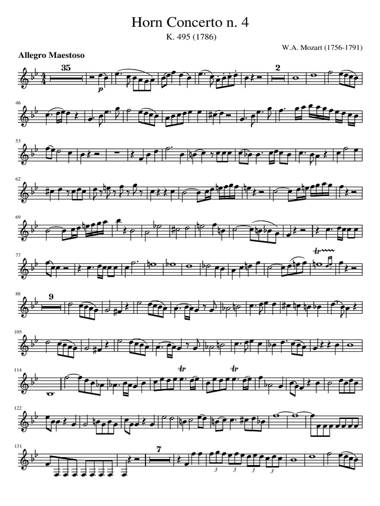 Mozart-Horn Concerto N 4 K495-Horn in Fa | PDF | Compositions For Piano ...