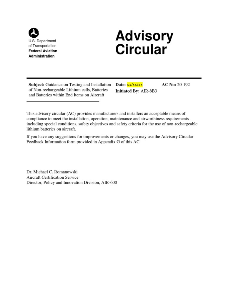 AC 20-192 Draft Non-Rechargeable Lithium Batteries | PDF | Lithium Ion ...