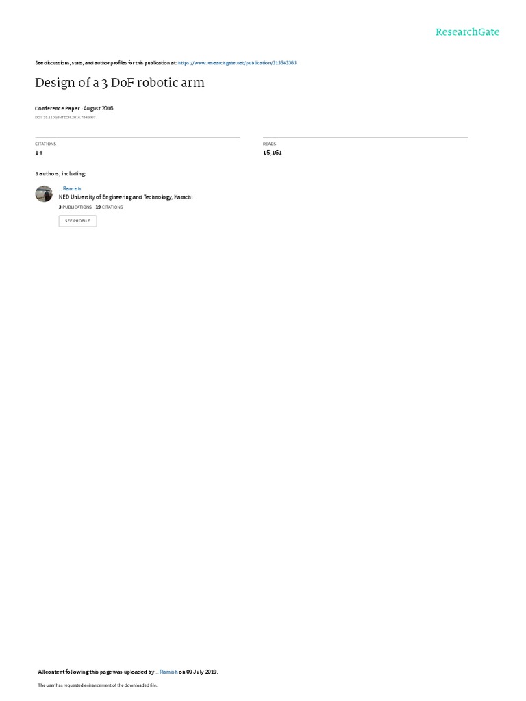 Design of A 3 Dof Robotic Arm: August 2016 | PDF | Kinematics | Robotics