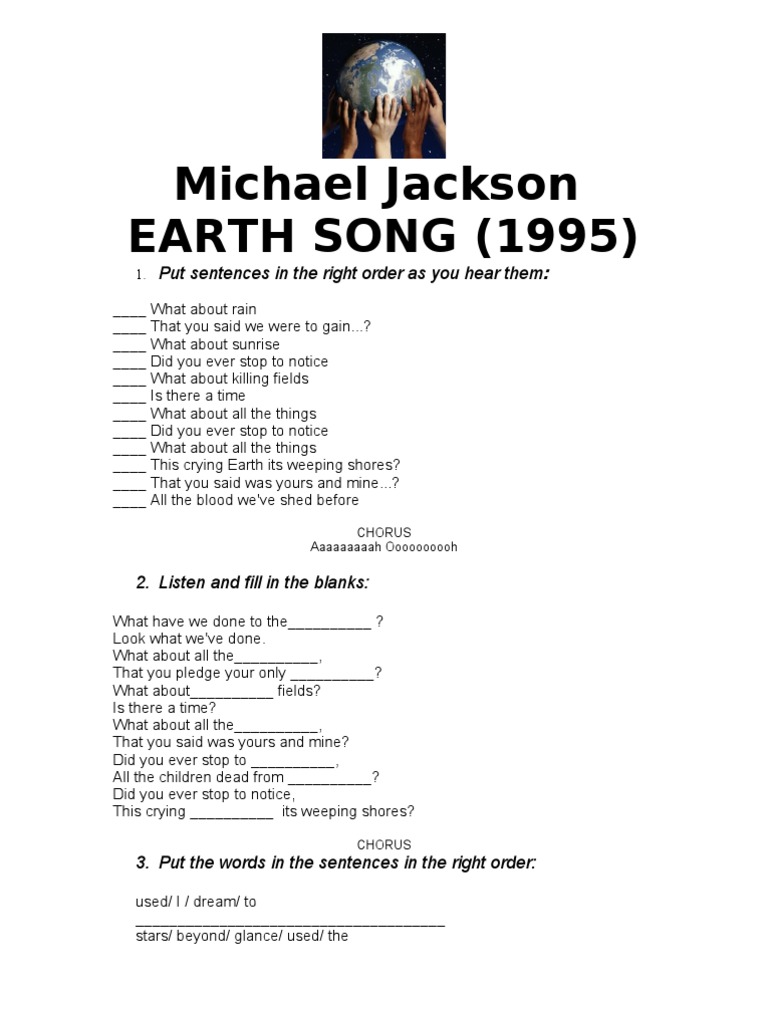 Michael Jackson EARTH SONG Worksheet W-Gaps