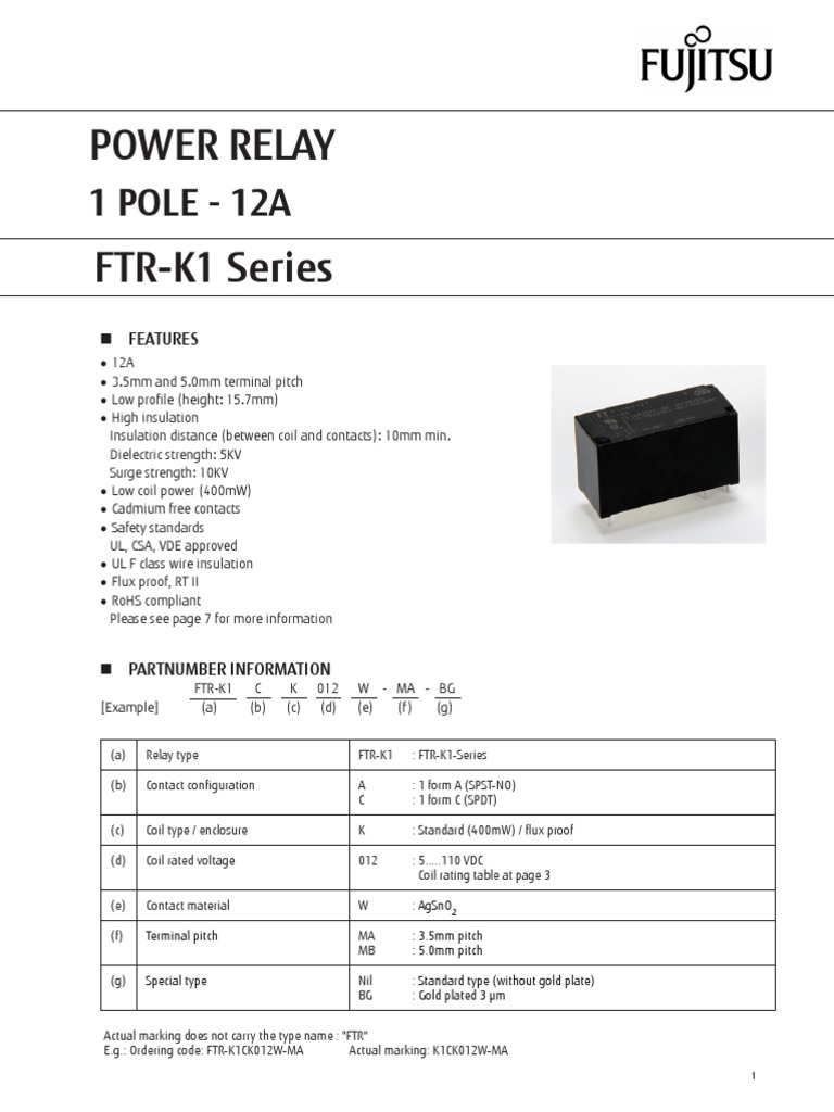 Power Relay FTR-K1 Series: 1 POLE - 12A | PDF | Inductor | Electrical Engineering