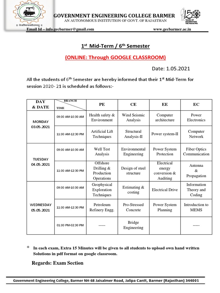 1st Mid-Term Time Table (6th Sem) | PDF | Engineering