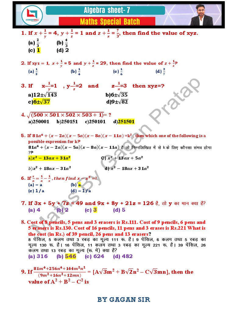 (A) (B) (C) 1 (D) 2: 1. If + 4, + 1 and +, Then Find The Value of Xyz ...
