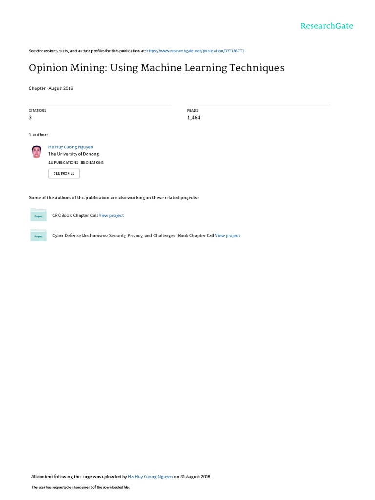 Opinion Mining: Using Machine Learning Techniques: August 2018 | PDF | Machine Learning | Cross ...