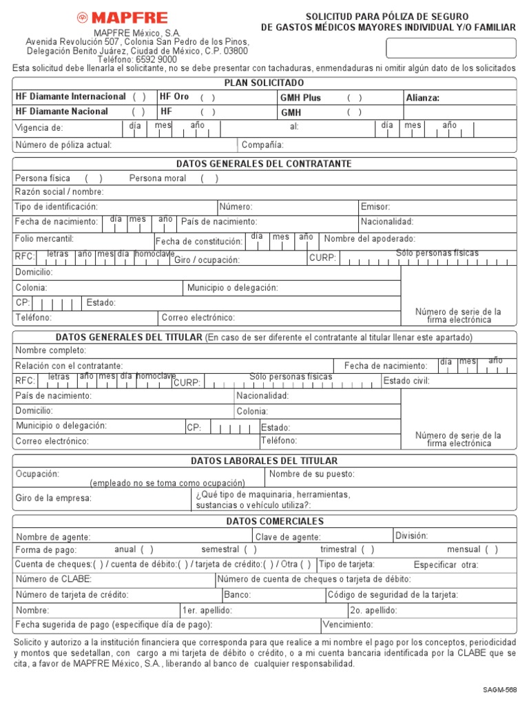 MAPFRE Solicitud de Gastos Medicos Mayores Individua o Familiar | PDF | Seguro | Póliza de seguros