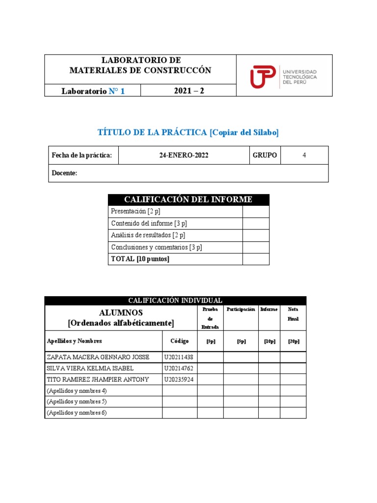 S05 - Modelo de Portada de Informe de Laboratorio | PDF