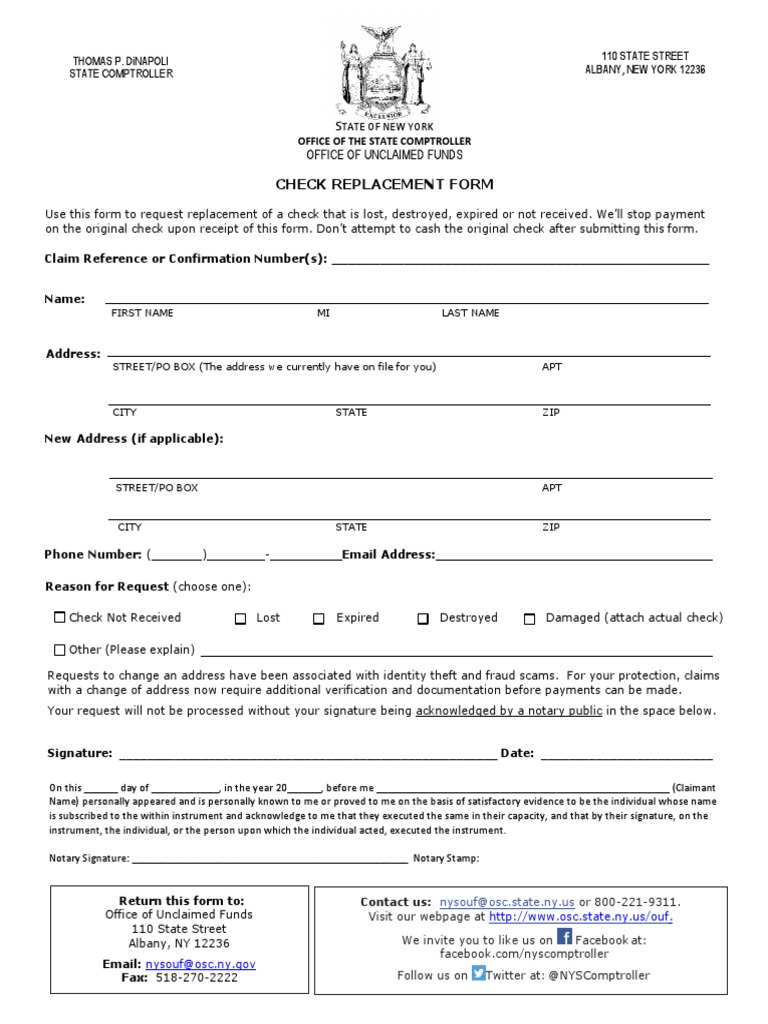 New York Check Replacement Form | PDF | Notary Public | Signature
