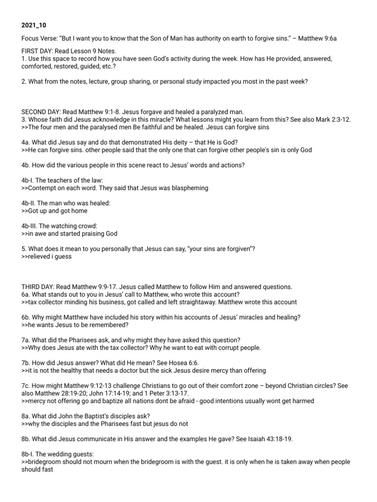 BSF Matthew Lesson 8 Answer | PDF | Jesus | Gospel Of Matthew