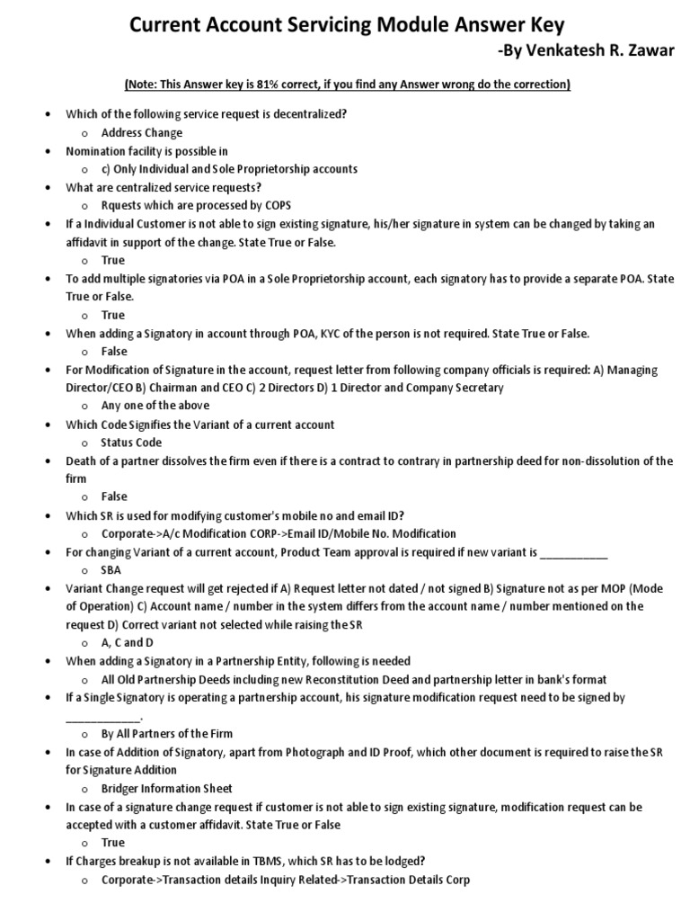 Current Account Servicing Answer Key | PDF | Transaction Account ...