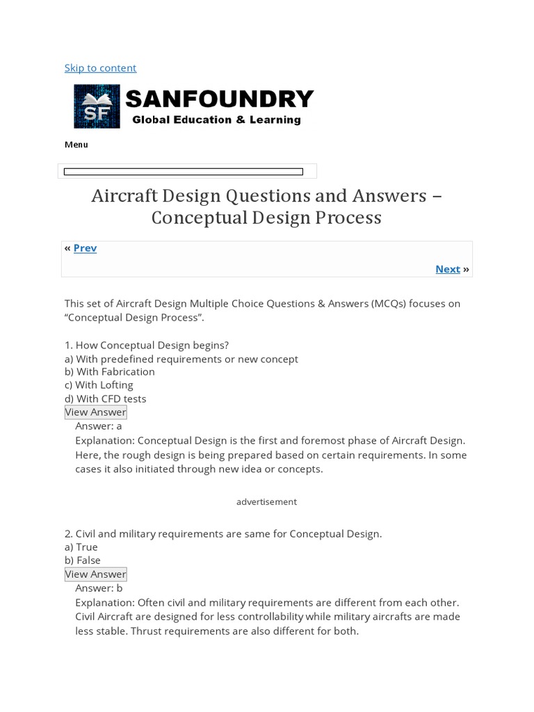Aircraft Design Questions and Answers - Conceptual Design Process | PDF ...