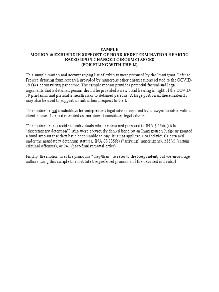 Sample Motion & Exhibits in Support of Bond Redetermination Hearing ...