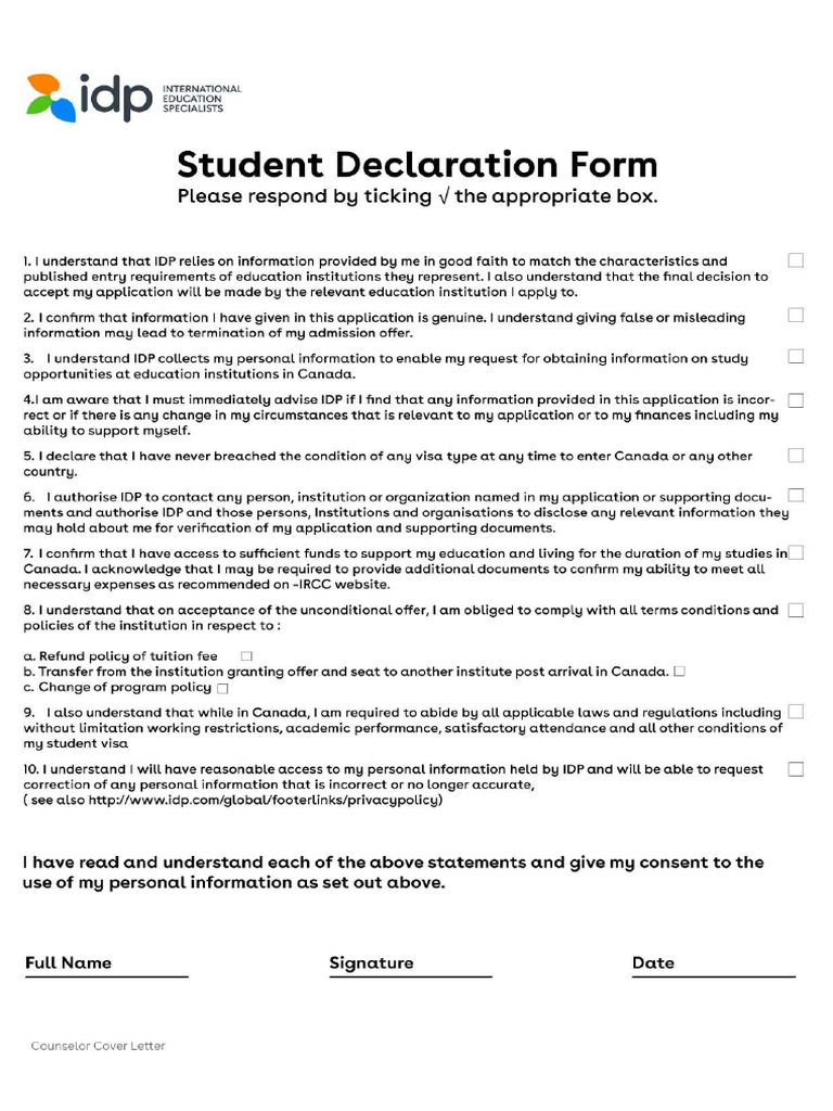 IDP Student Declaration Canada | PDF