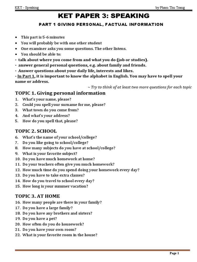 KET Speaking Exam Topics Guide | PDF | Lunch | Meal