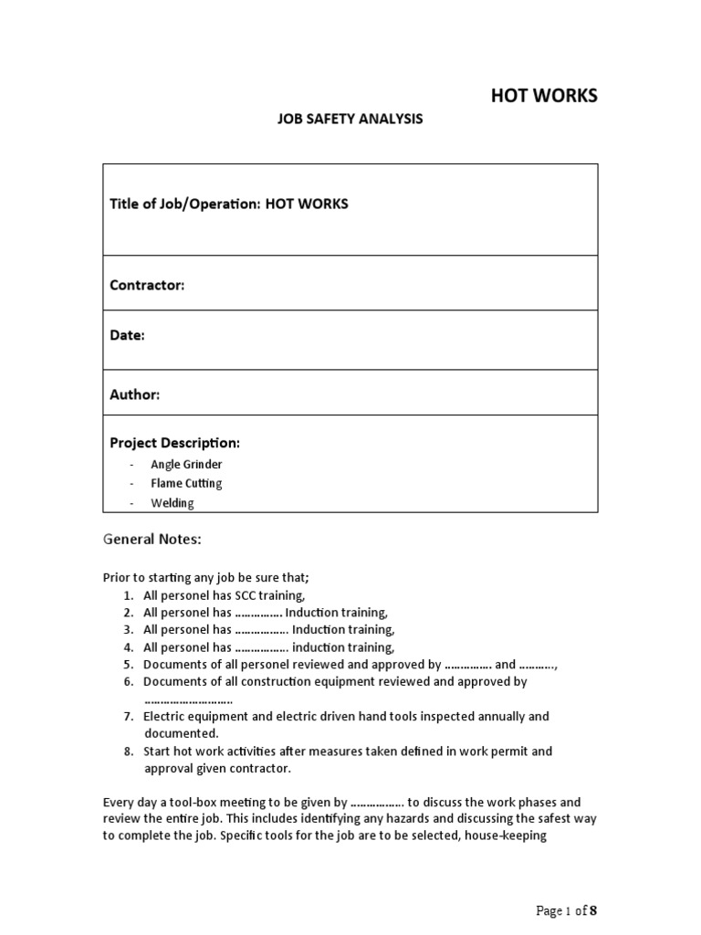 Hot Works: Job Safety Analysis | PDF | Welding | Construction