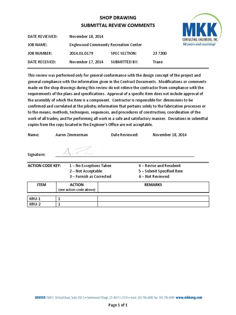 Shop Drawing Submittal Review Comments: Action Code Key | PDF ...