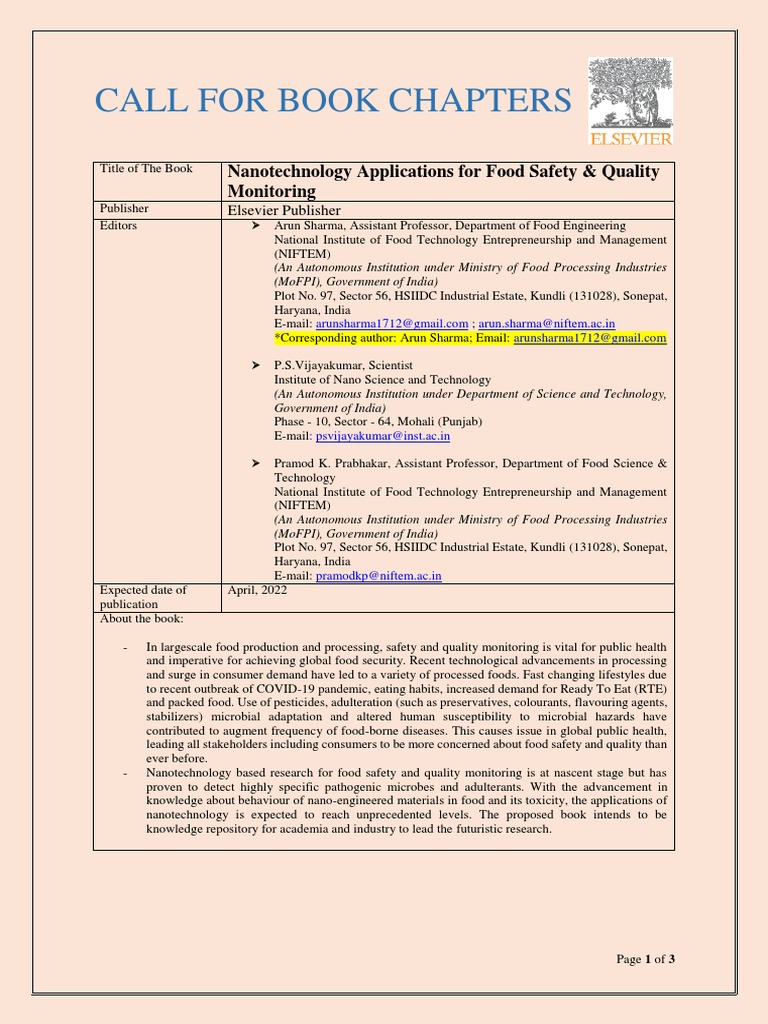CALL FOR BOOK CHAPTERS - Date Extended | PDF | Foods | Food Safety