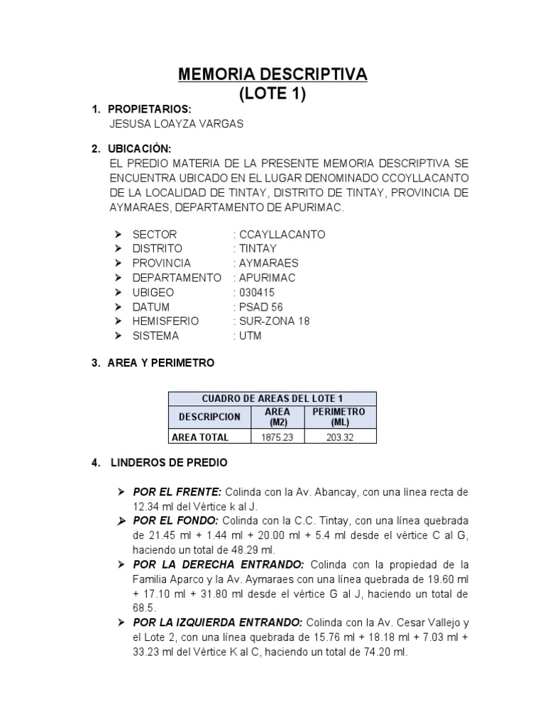 Memoria Descriptiva Lote 1 | PDF