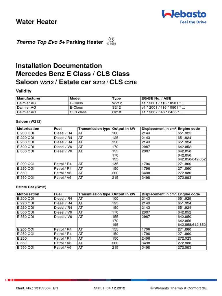 w212 Water Heater Webasto Installation | PDF | Electrical Connector ...