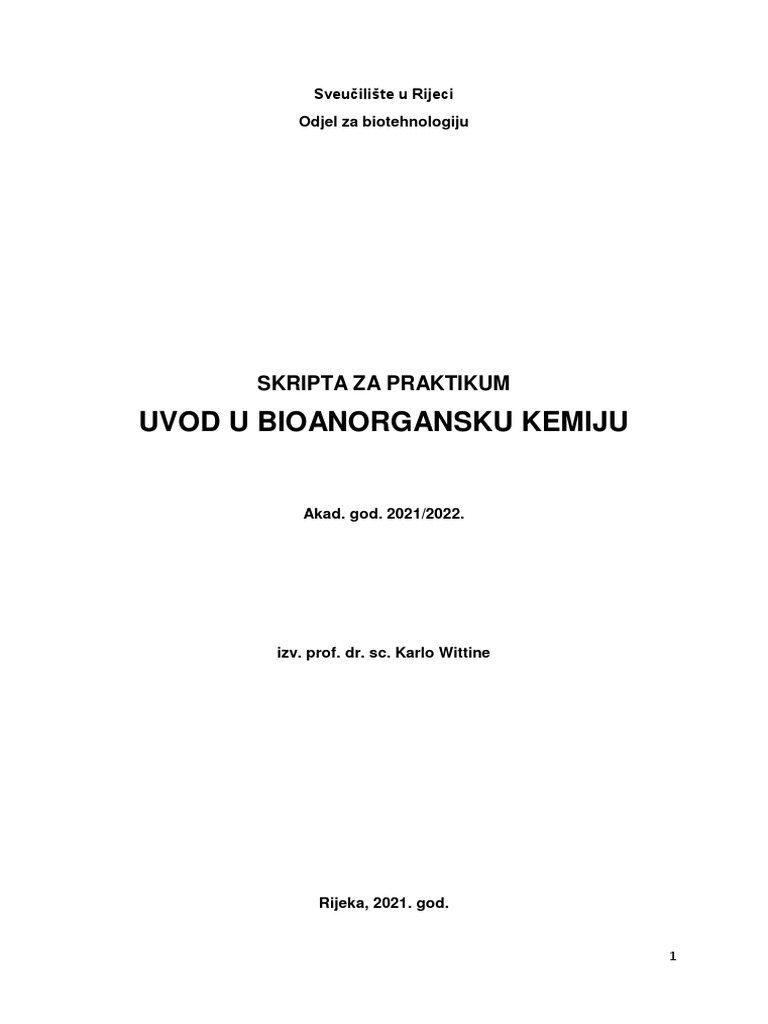 Skripta Lab Uvod U Bioanorgansku Kemiju 2021 2022 | PDF