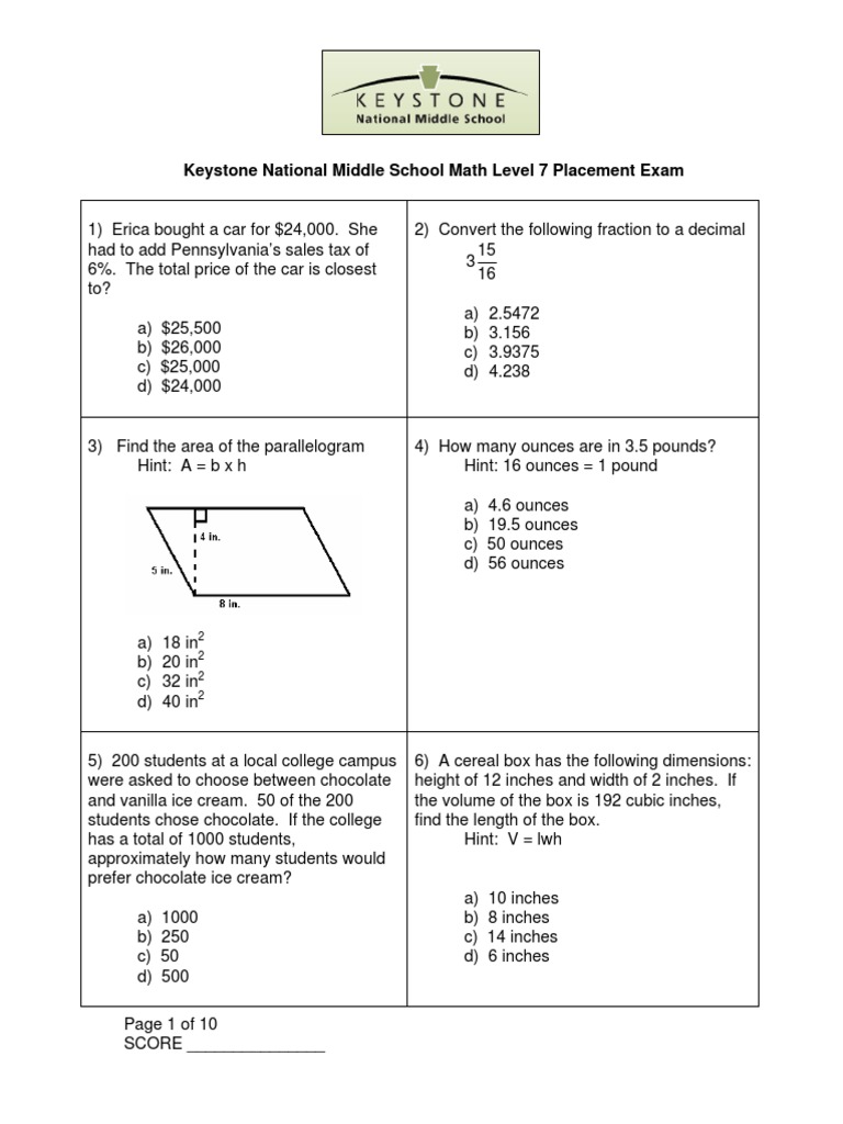 Math Level 7 Exam | PDF | Area | Mathematics