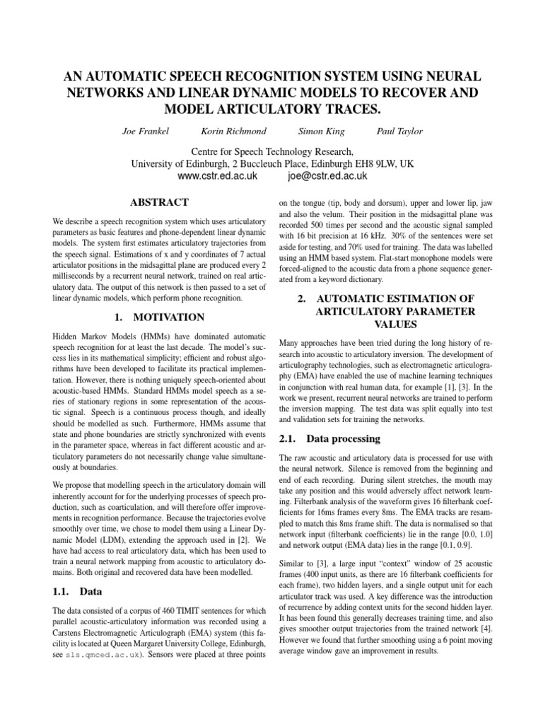 An Automatic Speech Recognition System Using Neural Networks and Linear Dynamic Models To ...