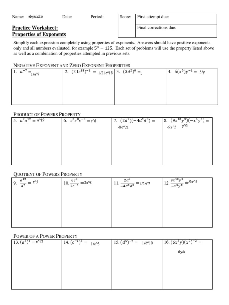 Properties of Exponents Practice Worksheet | PDF | Exponentiation
