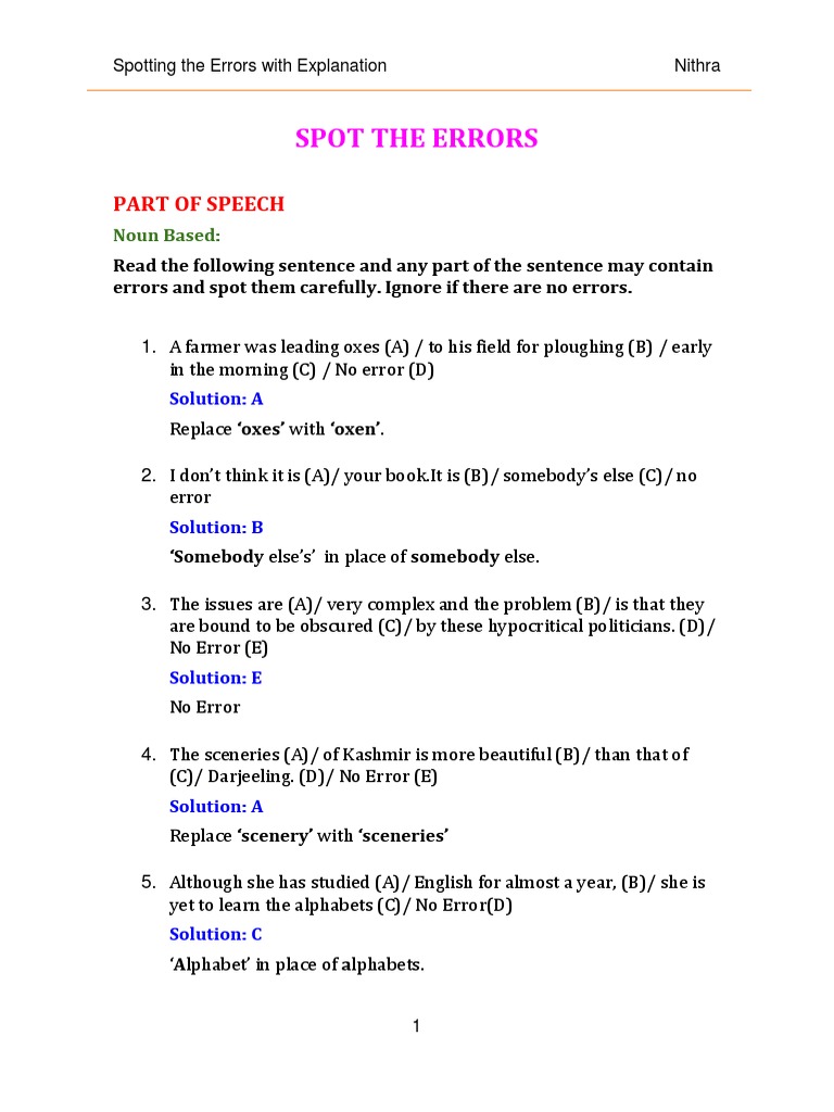 Spot The Errors: Part of Speech | PDF | Grammatical Number | Noun
