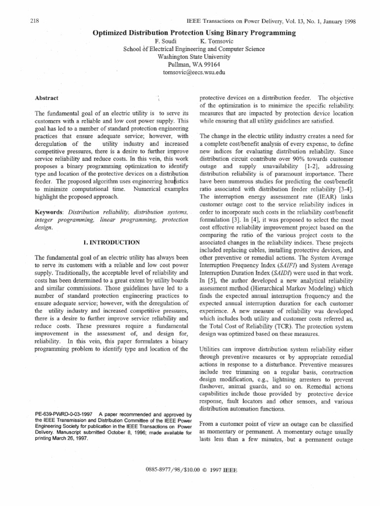 Ptimized Distribution Protection Using Binary Programming: 218 Ieee Vol ...