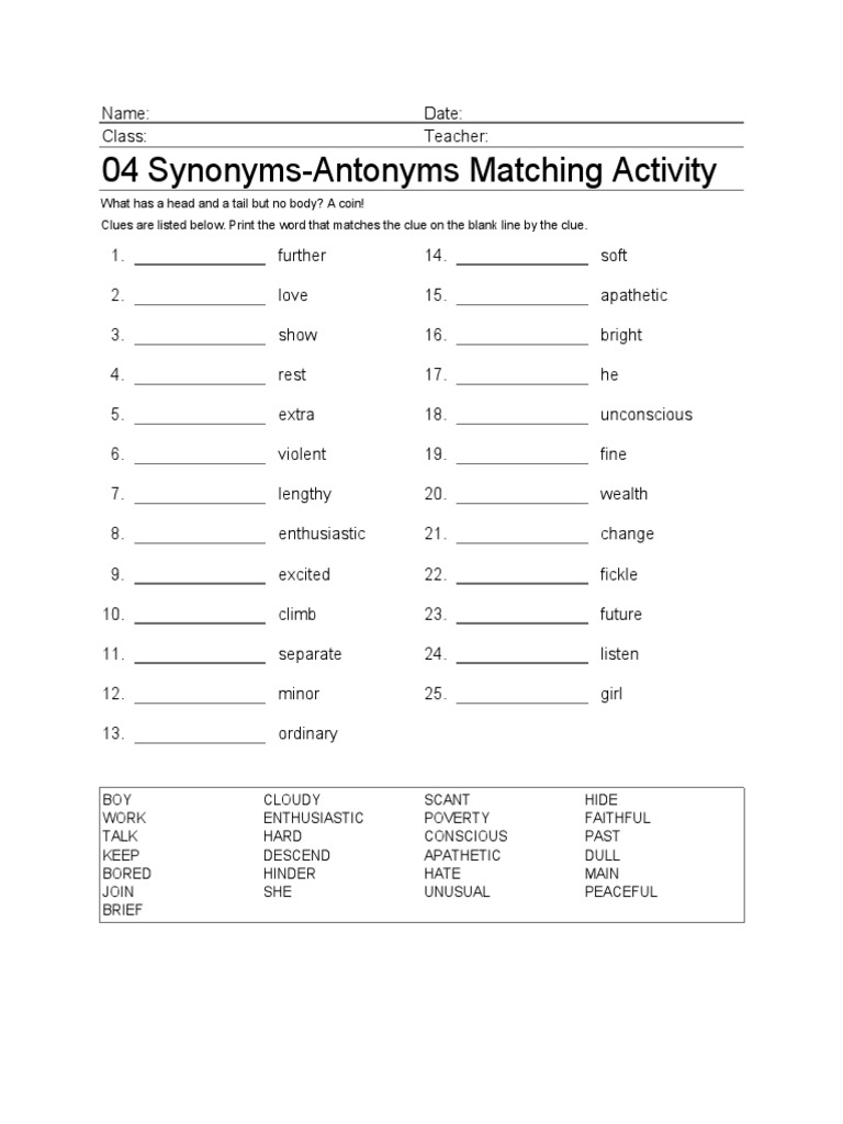 04 Synonyms-Antonyms Matching Activity | PDF