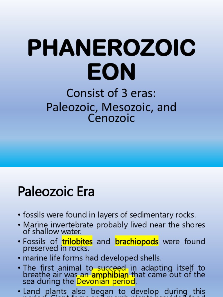 Phanerozoic EON: Consist of 3 Eras: Paleozoic, Mesozoic, and Cenozoic ...