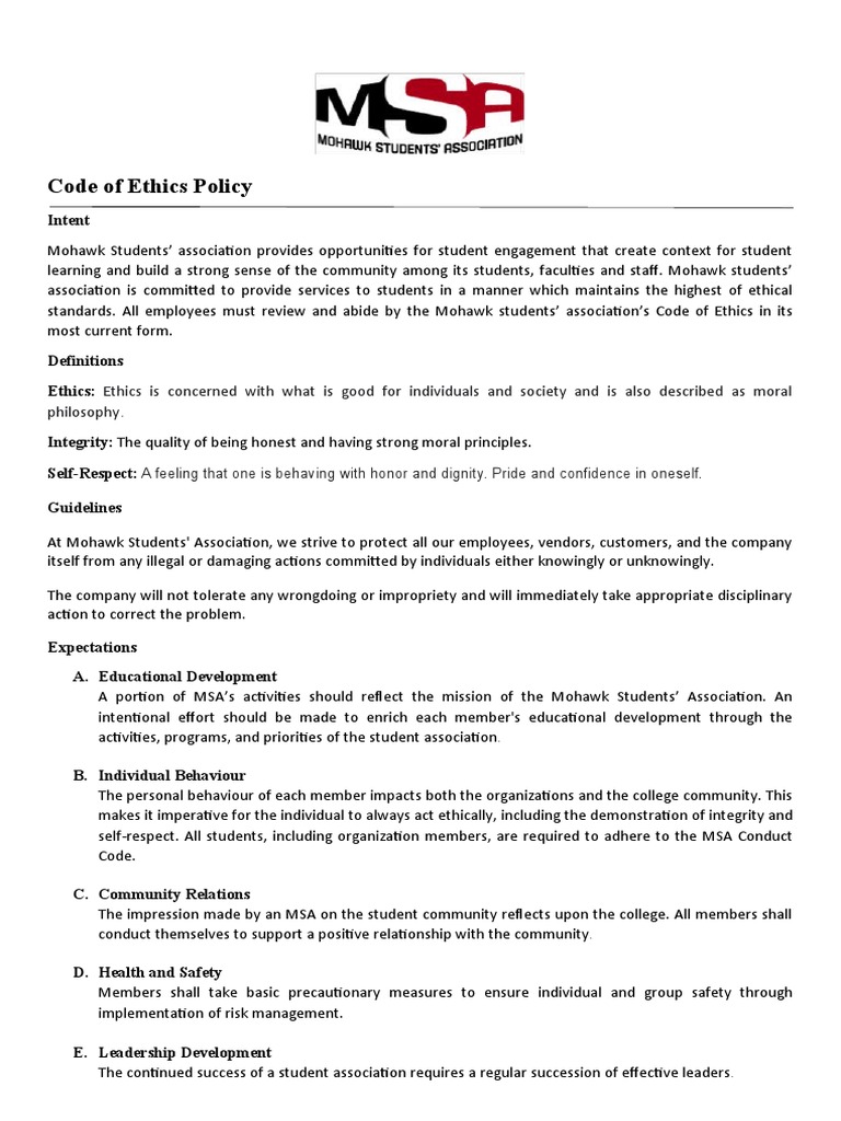 A Framework for Ethical Conduct: The Code of Ethics Policy of the ...