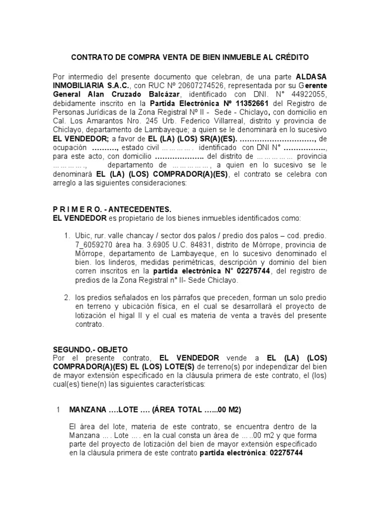 Modelo Contrato de Compra Venta de Bien Inmueble Al Crédito | PDF | Ley común | Derecho civil ...
