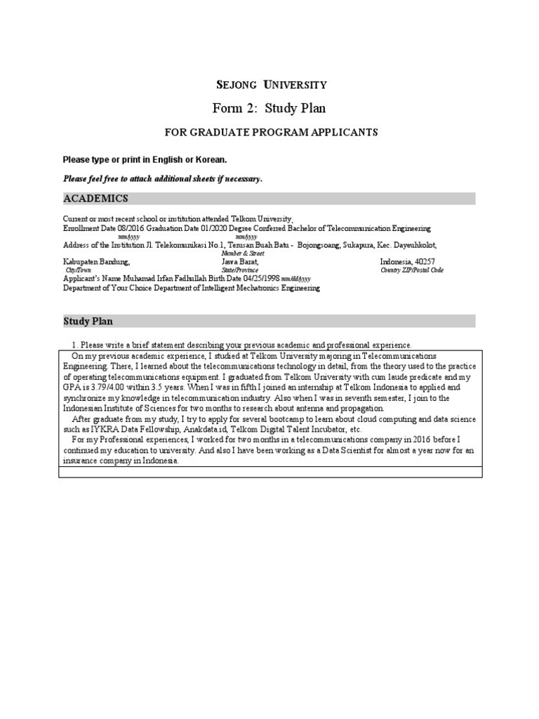 Form 2: Study Plan: For Graduate Program Applicants | PDF | Academic ...