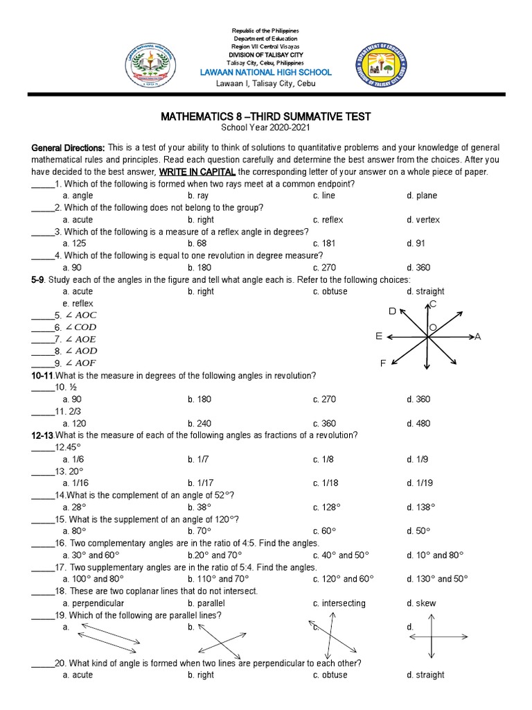 Math 8 Summative Test | PDF | Triangle | Rectangle