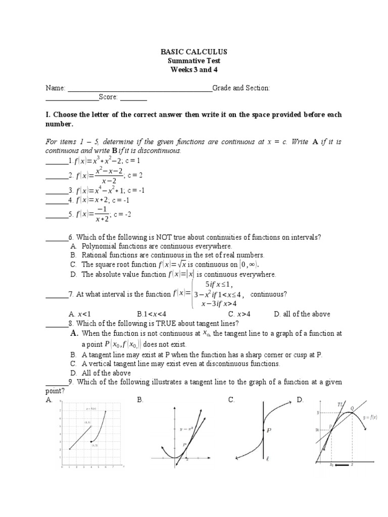 Basic Calculus Summative Test Weeks 3 and 4 | PDF | Derivative | Tangent