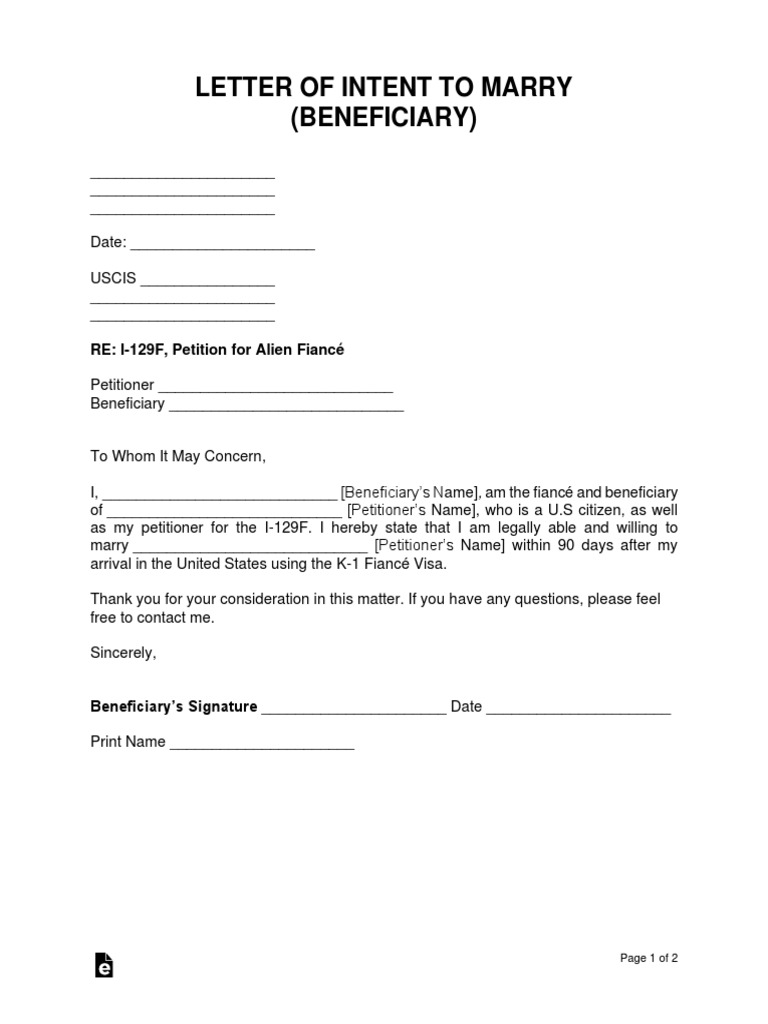 Letter of Intent To Marry (Beneficiary) : RE: I-129F, Petition For ...