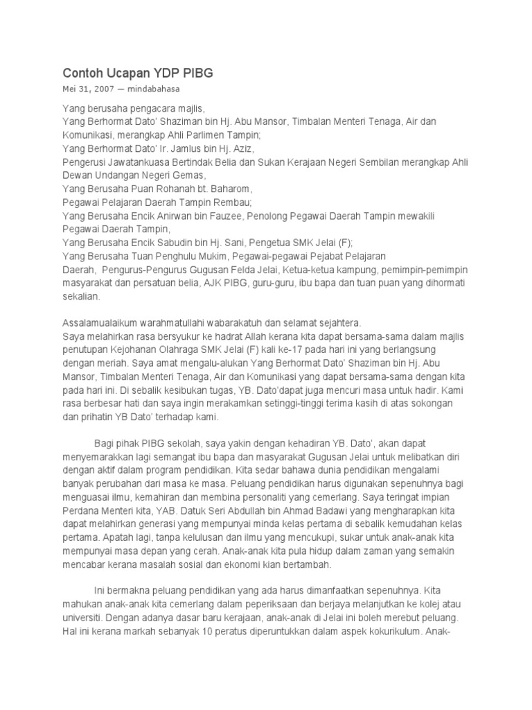 Contoh Ucapan Ydp Pibg | PDF