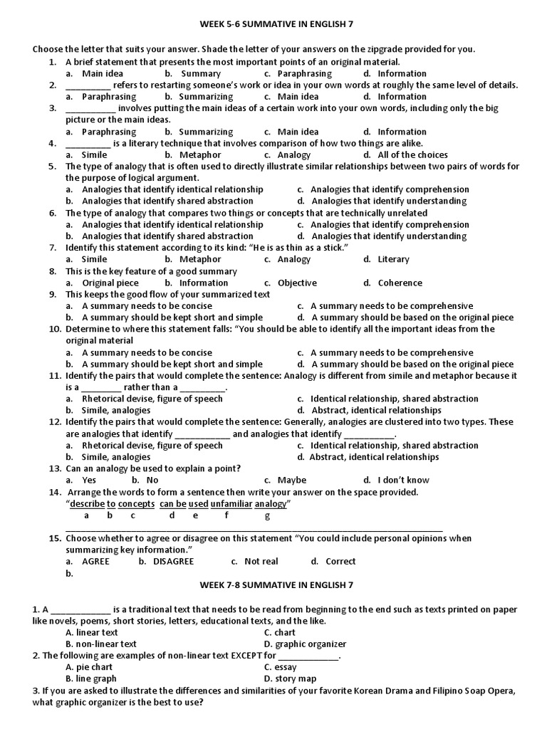 English 7 Summative Assessment Guide | PDF | Analogy | Metaphor