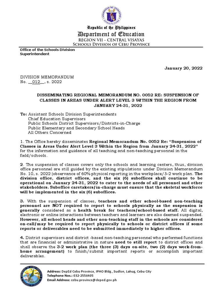 DM s2022 012 Suspension of Classes | Download Free PDF | Teachers