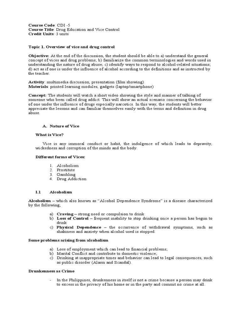 Vice and Drug Education Overview | PDF | Drugs | Substance Dependence