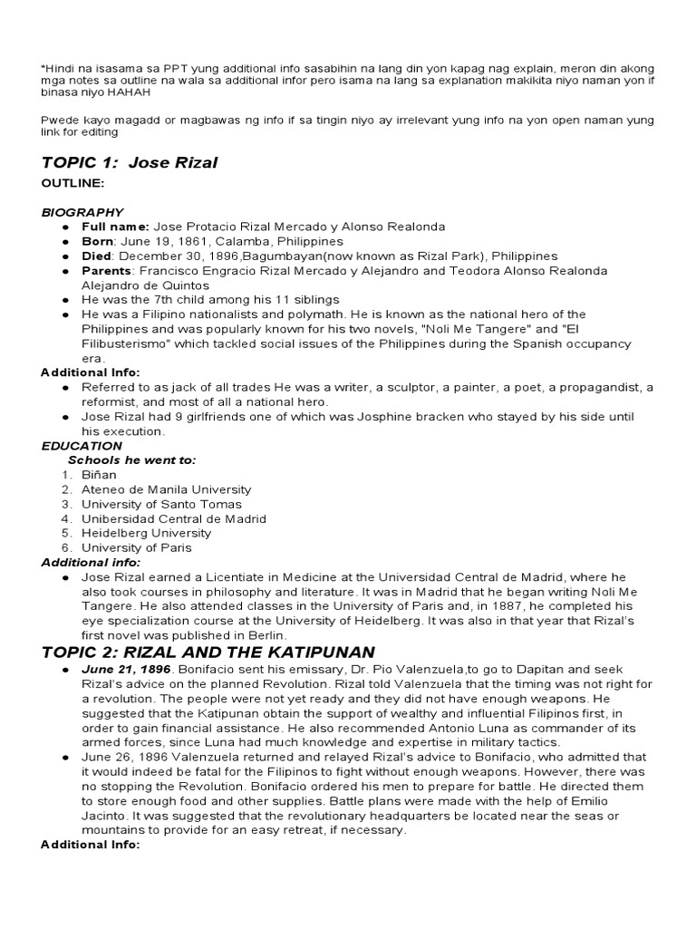 TOPIC 1: Jose Rizal: Outline | PDF | Philippines