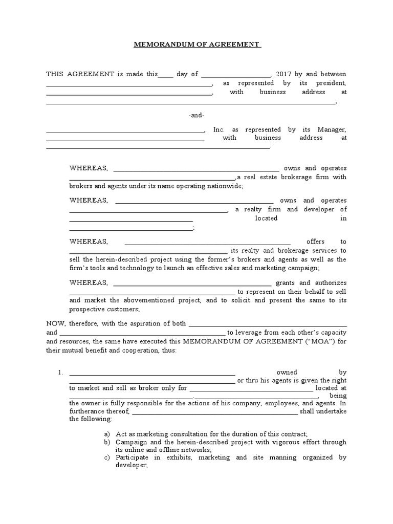 Memorandum of Agreement Real Estate | PDF | Financial Services | Market ...