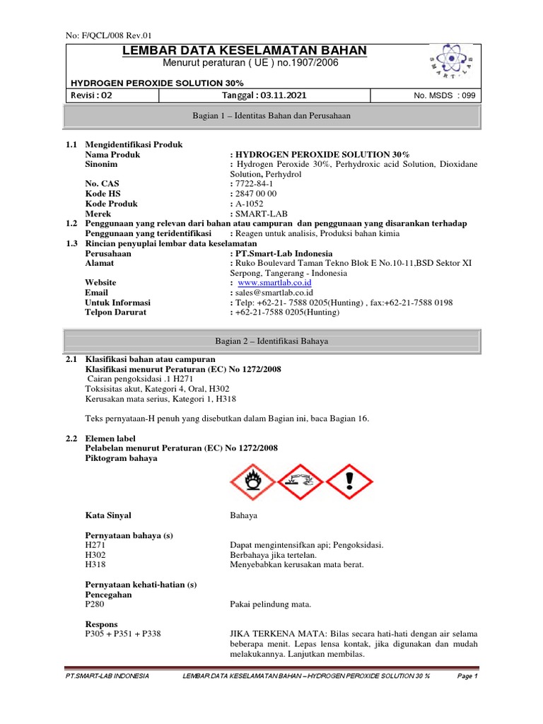 MSDS Hydrogen Peroxide Solution 30 (Indo) | PDF